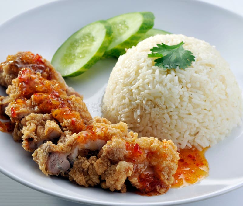 Fried Chicken with White Rice and Sweet Sour Sauce Stock Image - Image ...