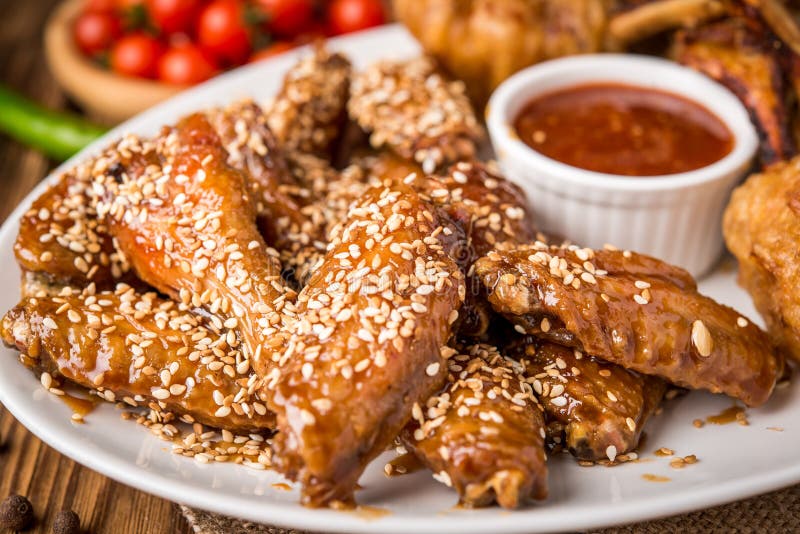 Fried Chicken Wings in Batter with Ketchup and Sauce Stock Image ...
