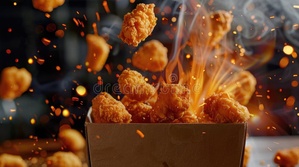 Fried Chicken Wings in a Box with Explosion Effect Stock Photo - Image ...