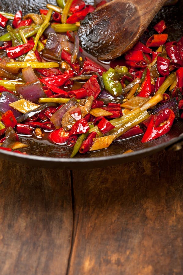 Fried Chili Pepper and Vegetable on a Wok Pan Stock Photo - Image of ...