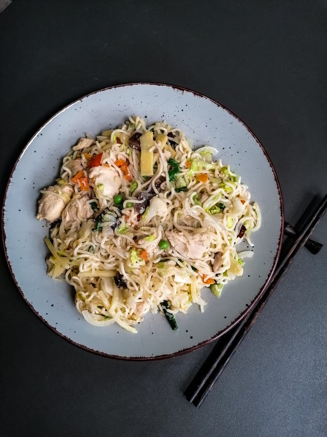 Fried Chinese Pasta with Vegetables and Meat Stock Image - Image of ...