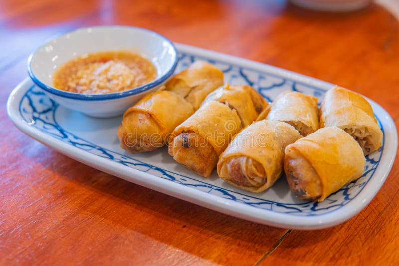 Fried Chinese Spring Rolls with Sweet Chili Sauce Stock Photo - Image ...