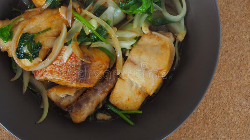 Fried Coal Fish Fillet with Onion. Stock Photo - Image of asparagus ...