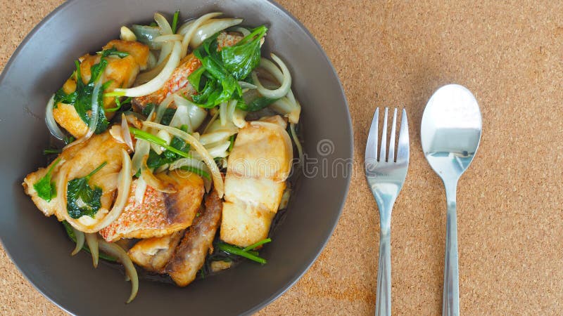 Fried Coal Fish Fillet with Onion. Stock Photo - Image of coal, cream ...