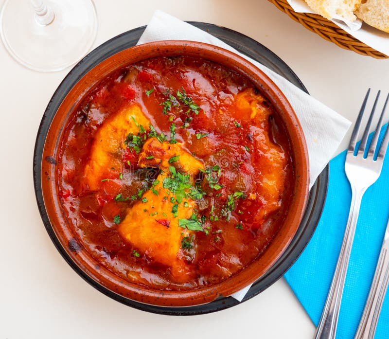 Fried Cod with Braised Vegetables, Spanish Dish Stock Photo - Image of ...