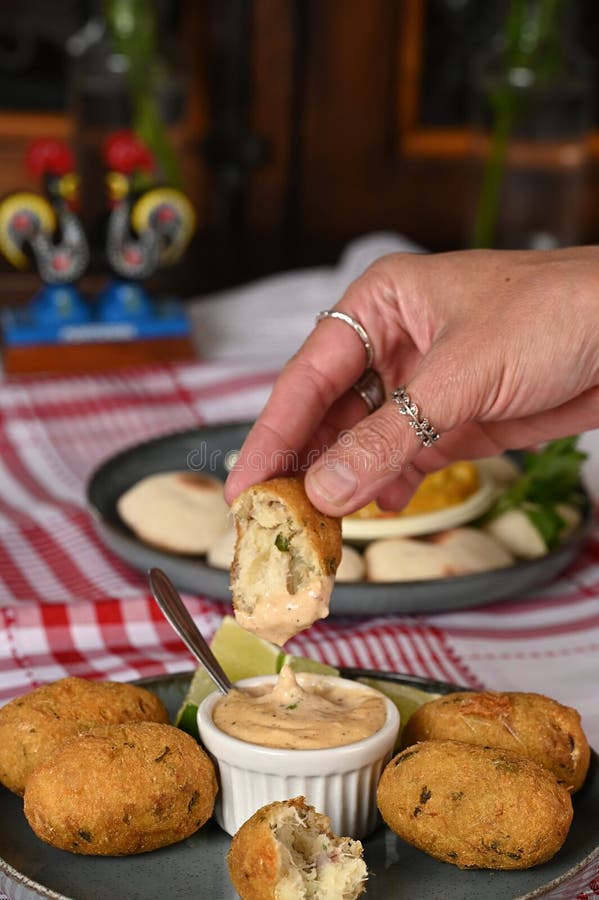 Fried Cod Cake with Herb Sauce Baked Fish Portuguese Food Stock Photo ...