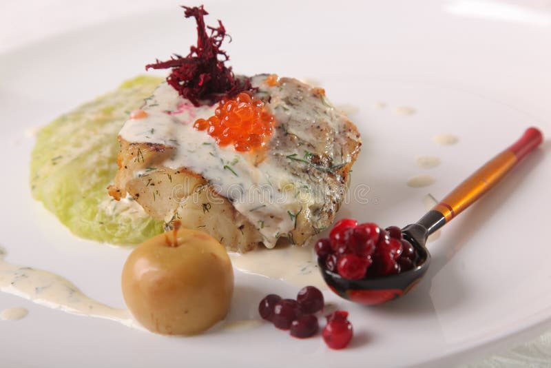 Fried cod with caviar stock image. Image of delicious - 72362551