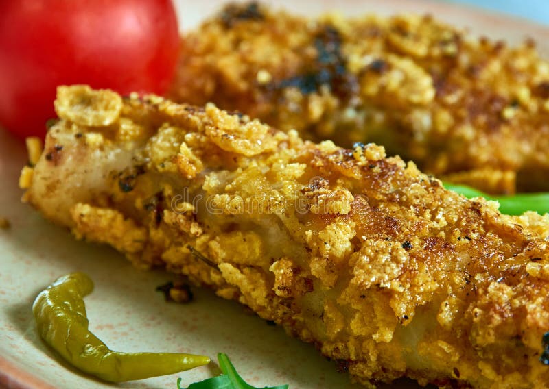 Fried Cod in Coconut Curry Flakes Stock Photo - Image of white, coconut ...