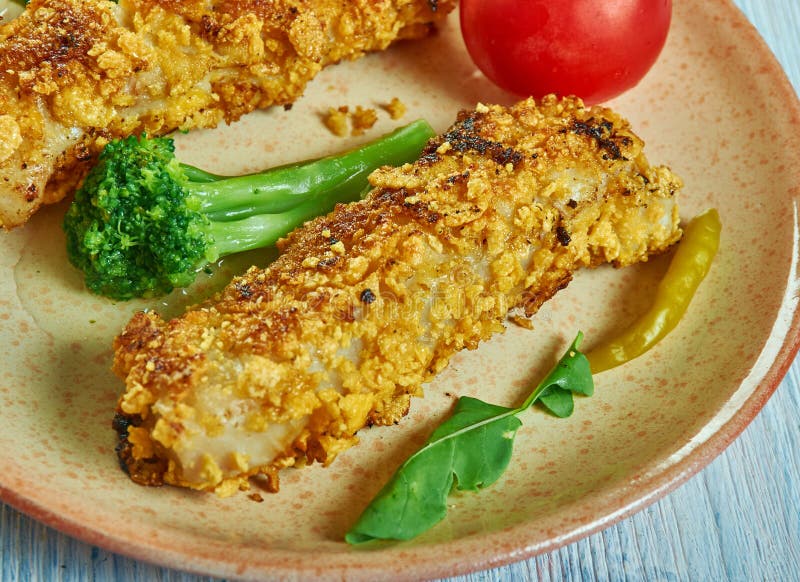 Fried Cod in Coconut Curry Flakes Stock Photo - Image of crusted, ocean ...