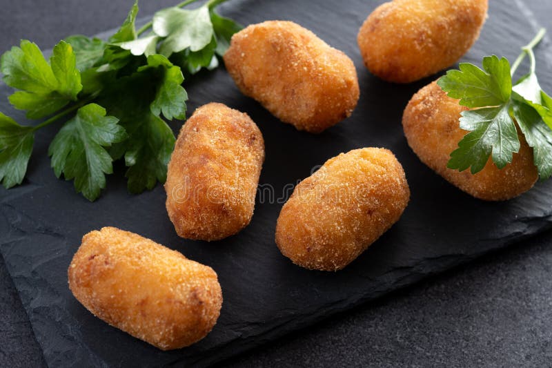 Fried Cod Croquettes Black Slate Background Stock Photos - Free ...