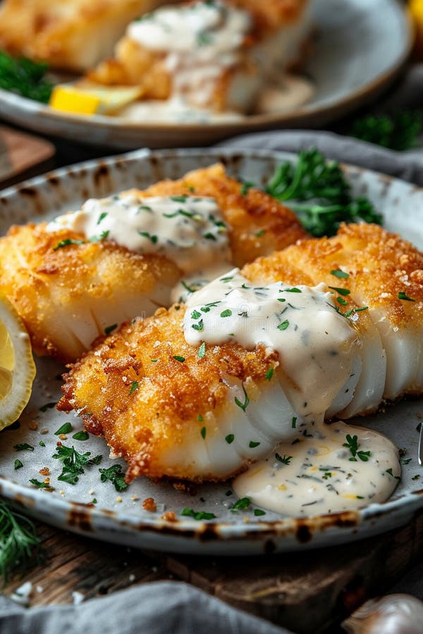 Fried Cod Fillet with Cream Sauce and Lemon Stock Photo - Image of ...