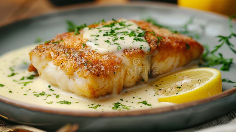 Fried Cod Fillet with Cream Sauce and Lemon Stock Photo - Image of fish ...