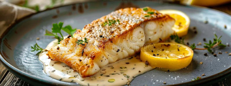 Fried Cod Fillet with Cream Sauce and Lemon Stock Image - Image of ...