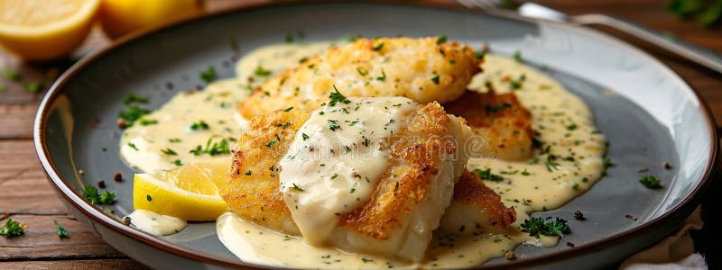 Fried Cod Fillet with Cream Sauce and Lemon Stock Photo - Image of ...