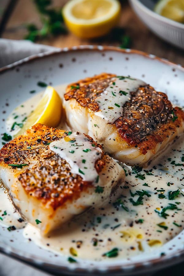 Fried Cod Fillet with Cream Sauce and Lemon Stock Image - Image of food ...