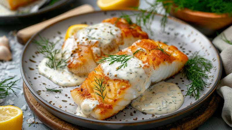 Fried Cod Fillet with Cream Sauce and Lemon Stock Photo - Image of ...