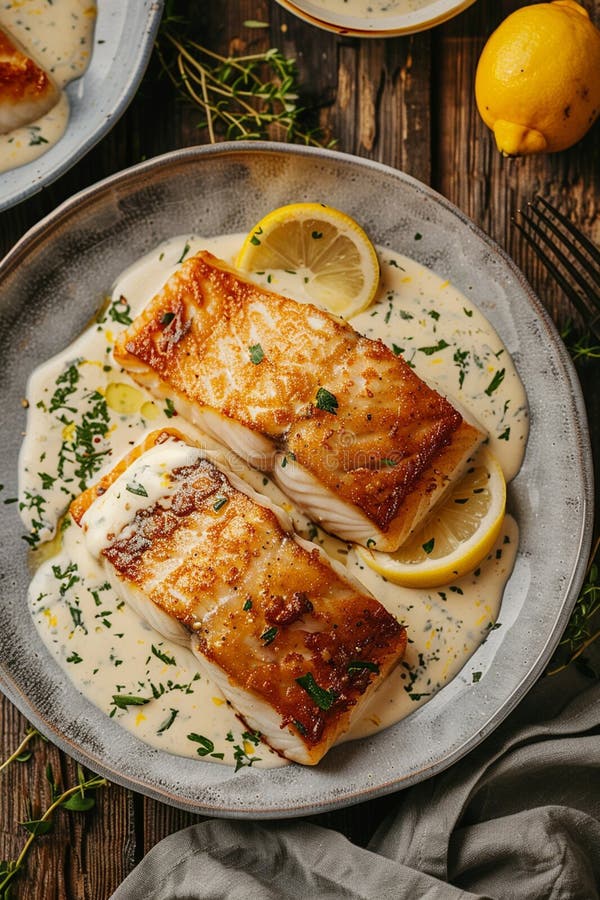 Fried Cod Fillet with Cream Sauce and Lemon Stock Photo - Image of ...