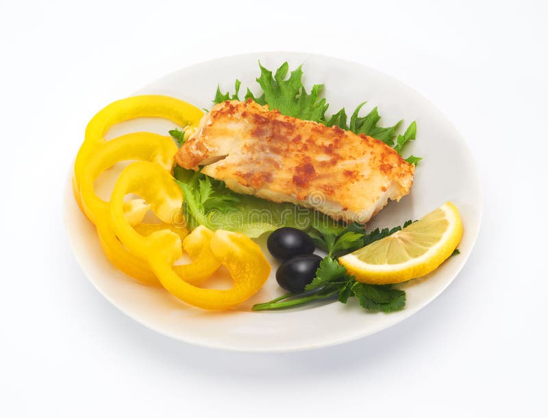Fried Cod Fillet with Fresh Vegetables and Slice of Lemon Stock Image ...