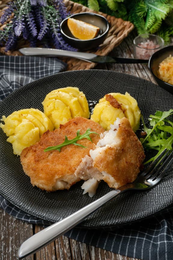 Fried cod fillet served stock image. Image of boiled - 346540249