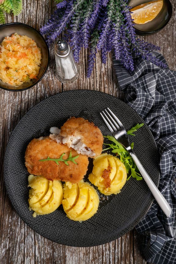 Fried cod fillet served stock photo. Image of boiled - 346540268