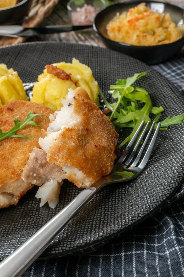 Fried cod fillet served stock image. Image of haddock - 263941387