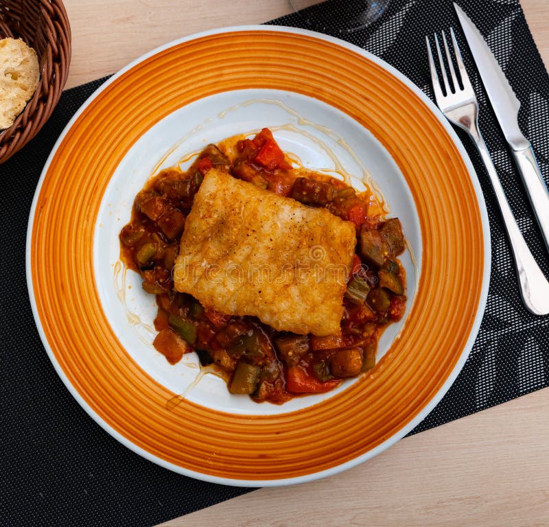 Fried Cod Fillet Served with Samfaina Stock Image - Image of salted ...