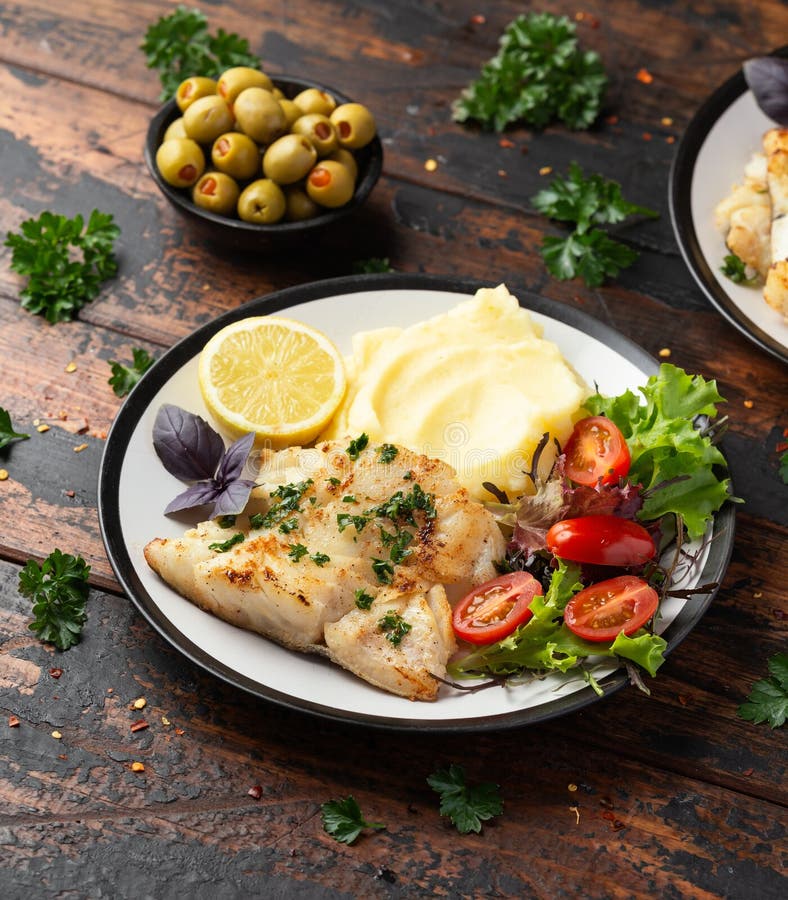 Fried Cod Loin Fillet with Mashed Potato and Vegetable Salad Served ...