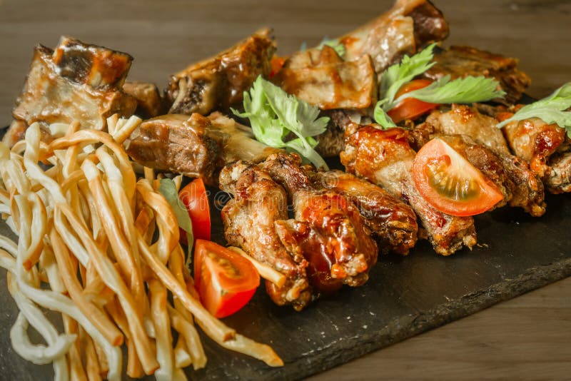 Fried Cold Cuts and Cheese with Tomatoes and Greens. Stock Photo ...