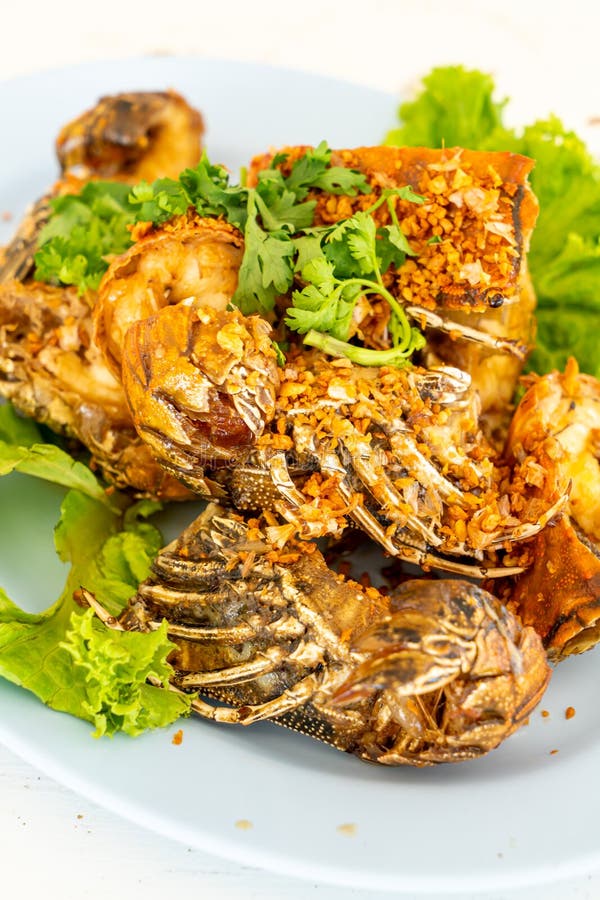 Fried Crayfish or Mantis Shrimps with Garlic Stock Photo - Image of ...
