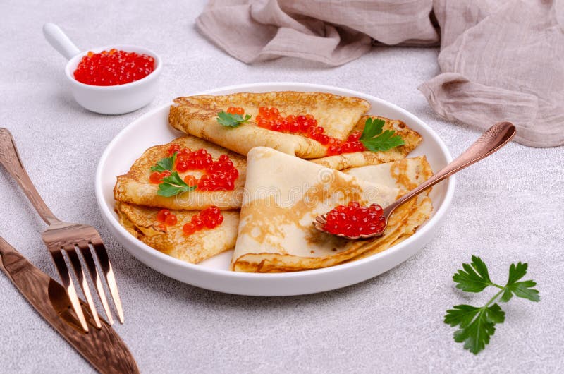 Fried Crepes with Red Fish Roe Stock Image - Image of crepe, cured ...