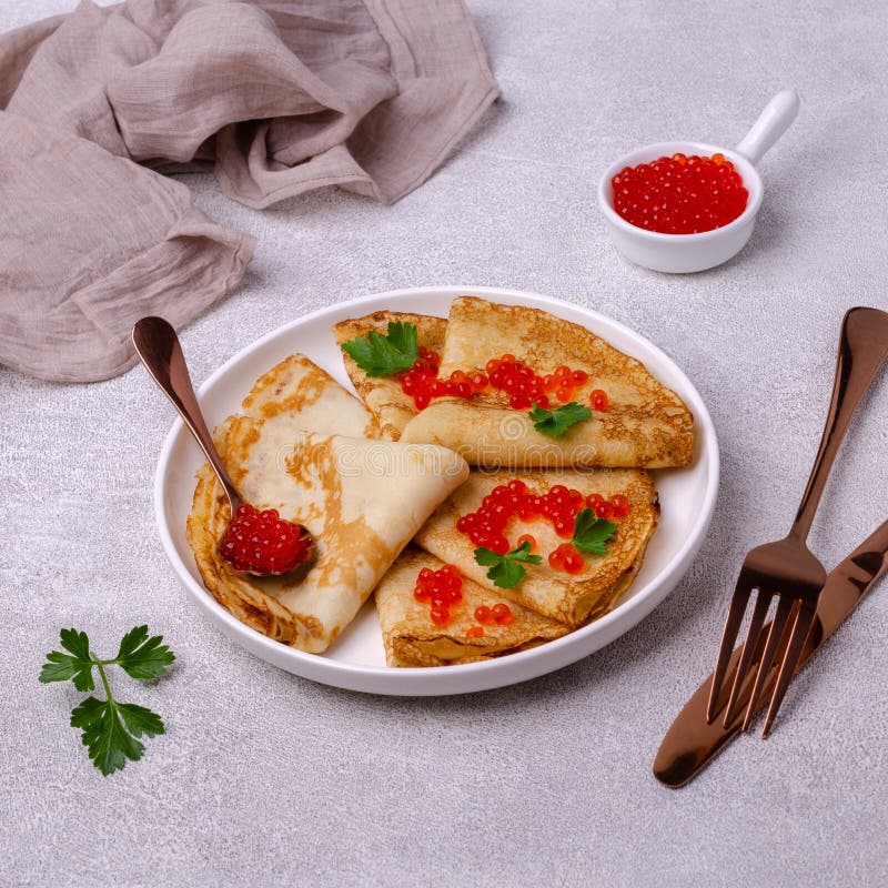 Fried Crepes with Red Fish Roe Stock Image - Image of fried, pancake ...
