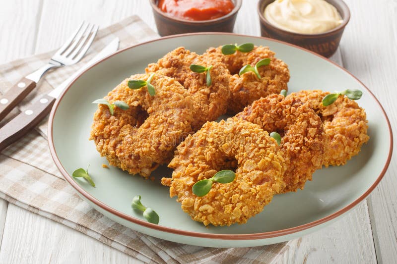 Fried Crispy Breaded Chicken Donuts Close-up on a Plate. Horizontal ...
