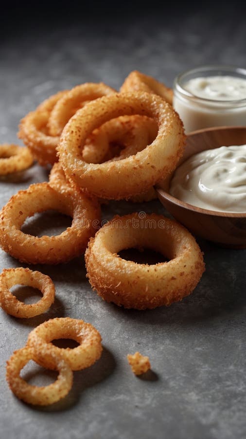 Fried Crispy Onion Rings with White Sauce on Cutting Board on Grey ...