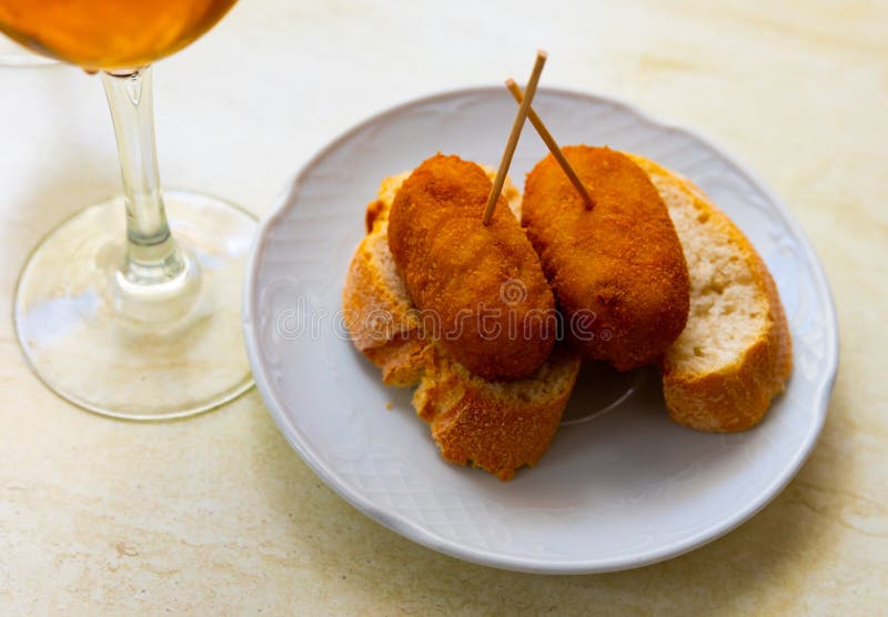Fried Croquettes Served with Bread on Platter Stock Photo - Image of ...