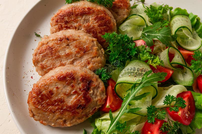 Fried Cutlets, Turkey, with Vegetable Salad, Top View, No People, Stock ...