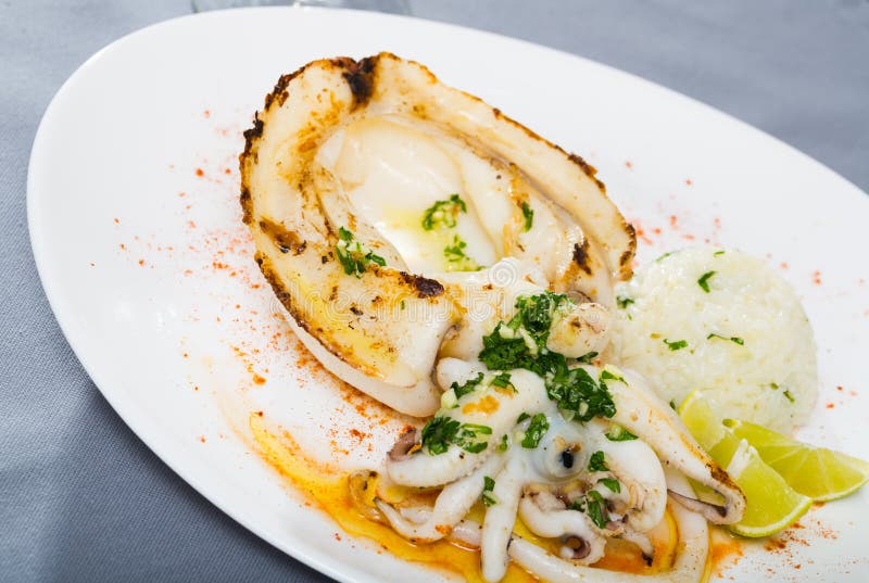 Fried Cuttlefish Served with Rice Stock Image - Image of fresh, cooked ...