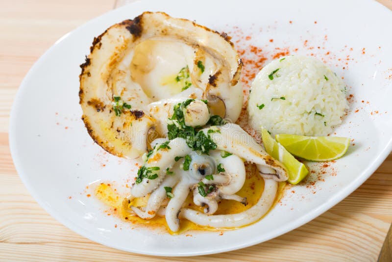 Fried Cuttlefish Served with Rice Stock Image - Image of feeding ...