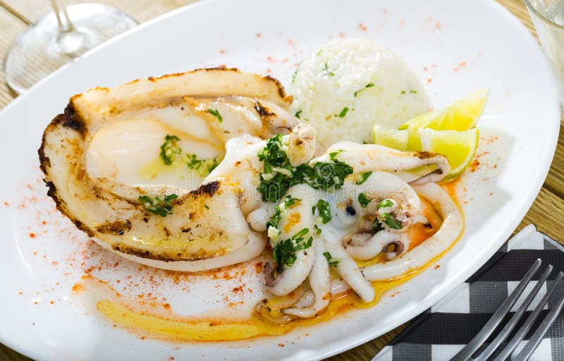 Fried Cuttlefish Served with Rice Stock Image - Image of freshness ...