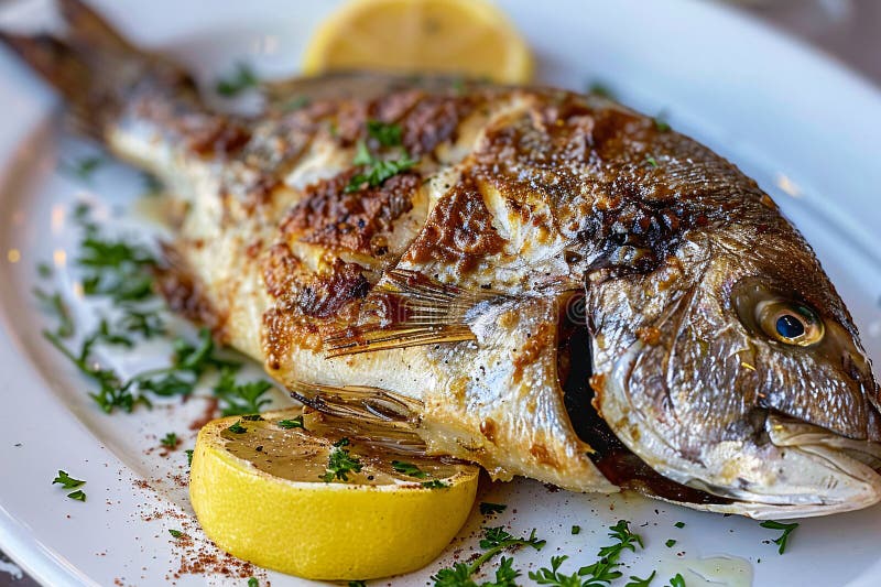 Fried Dorada Fish with Lemon on Plate Stock Illustration - Illustration ...