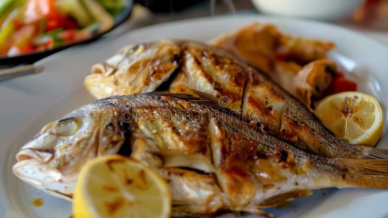 Fried Dorada Fish with Lemon on White Plate Stock Video - Video of ...