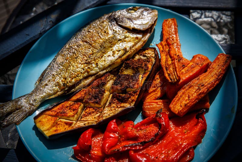 Fried Dorado Fish with Vegetables. Stock Photo - Image of food, pepper ...