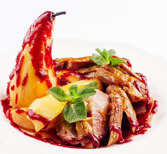 Fried Duck Fillet with Pear on a Plate Stock Image - Image of fine ...