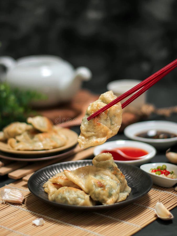 Homemade Fried Dumpling, Pick a Dumpling with Red Chopstick Stock Photo ...