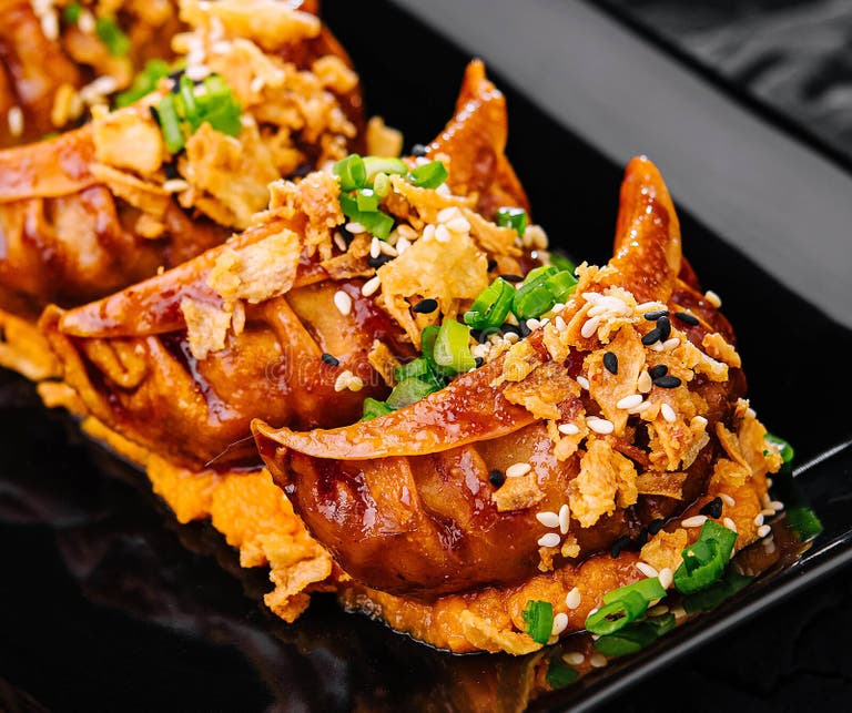 Fried Dumplings Gyoza on Black Plate Stock Photo - Image of view ...
