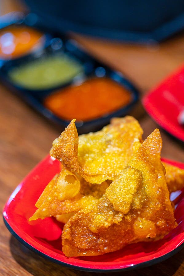 Fried Dumplings on Red Plate in Restaurant Stock Image - Image of ...
