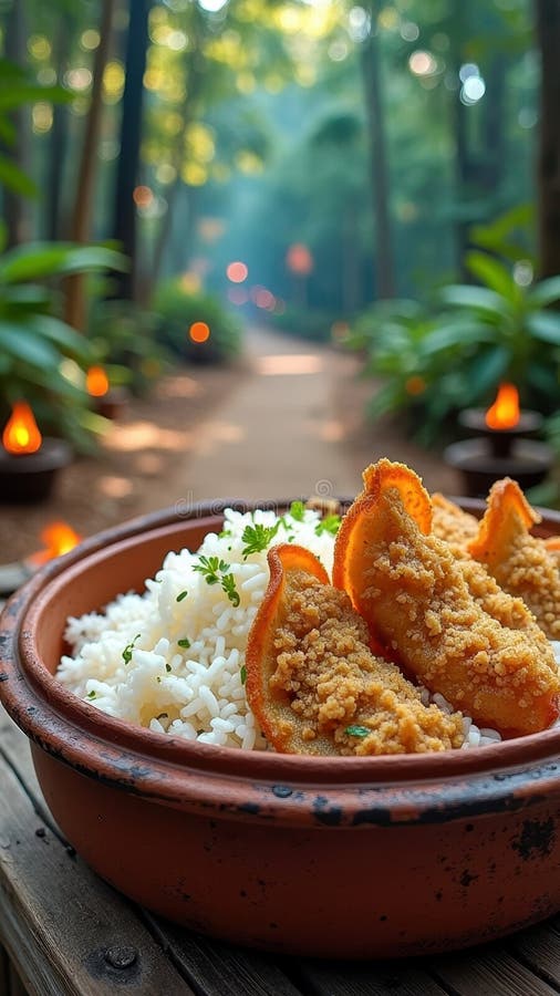 Fried Dumplings with Rice in Scenic Forest Setting Stock Image - Image ...