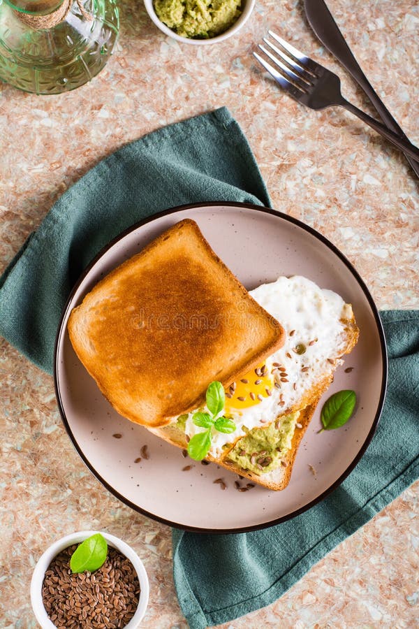 Fried Egg, Avocado and Flax Seeds on Fried Bread on a Plate on the ...