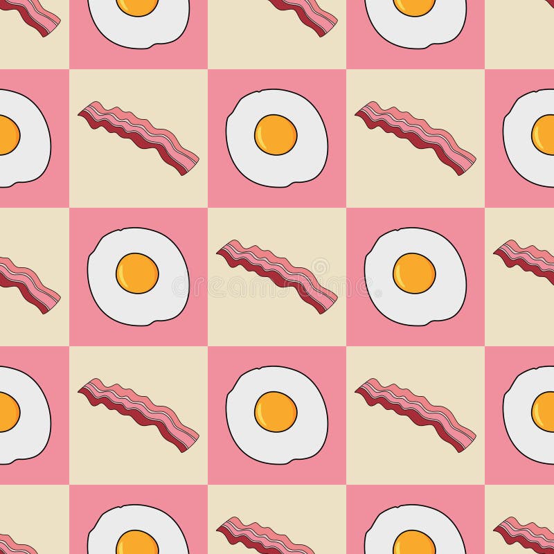 Fried Egg and Bacon Seamless Pattern with Checkered Background in a ...