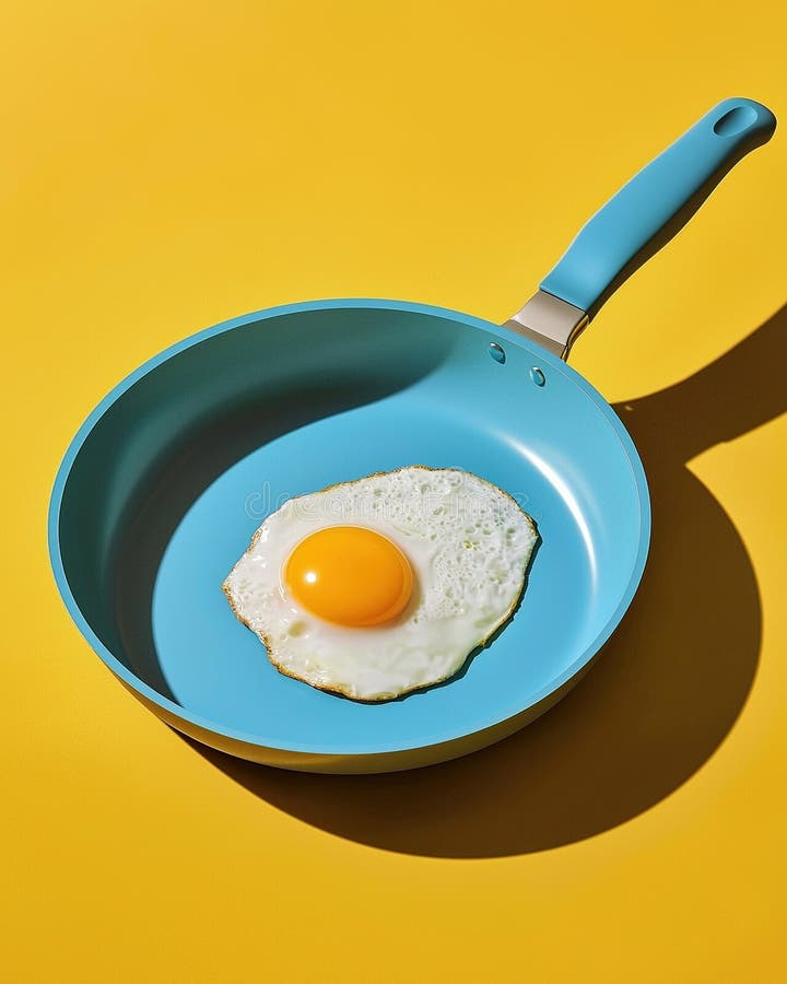 Fried Egg in a Blue Pan on Yellow Background. Generative Ai Stock Image ...