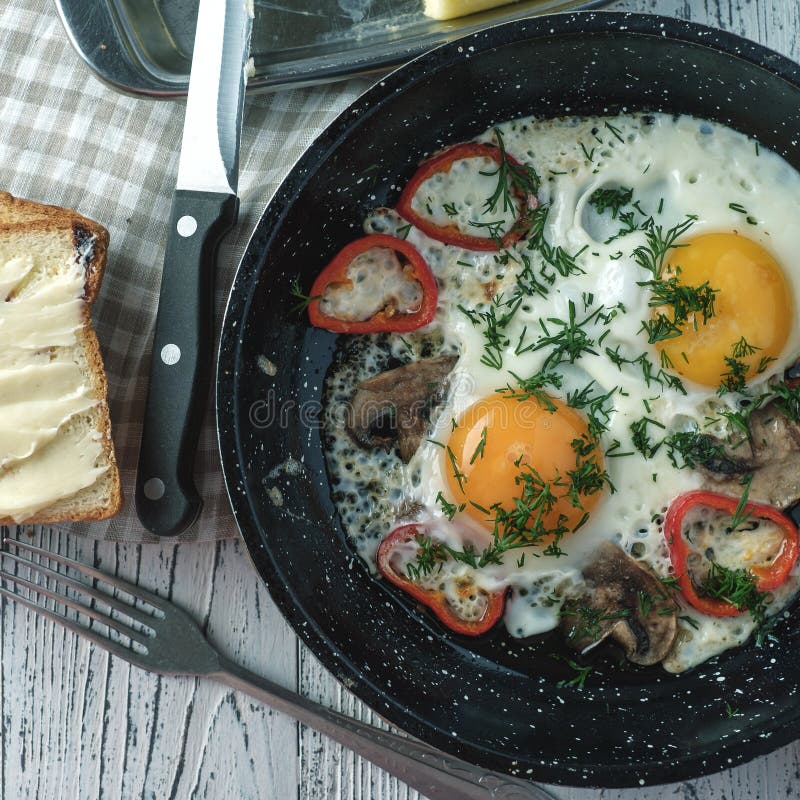 Fried Egg for Breakfast in the Countryside. Stock Image - Image of ...